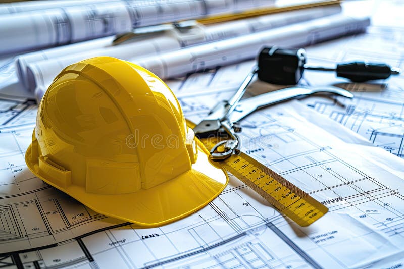Construction Tools on Site Hard Hat, Tape Measure, Pliers, Blueprints ...