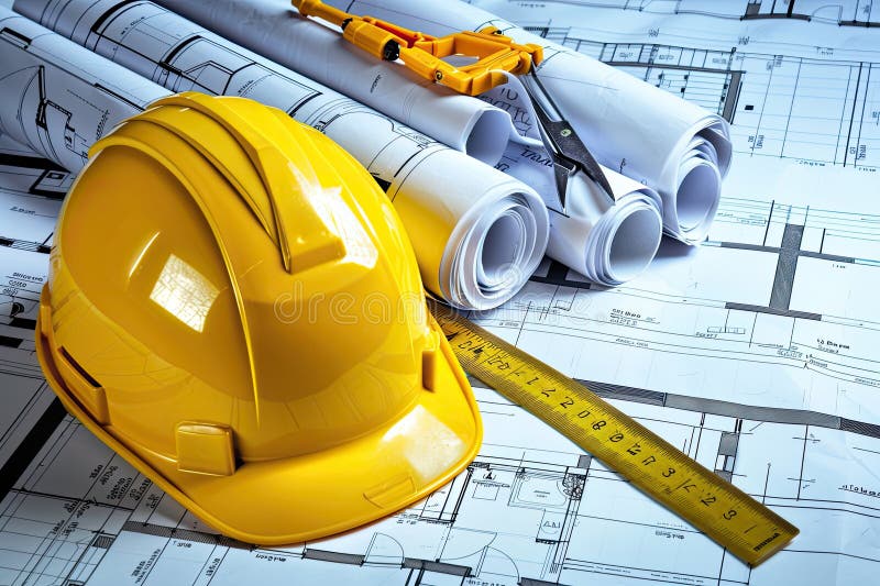 Construction Tools on Site Hard Hat, Tape Measure, Pliers, Blueprints ...