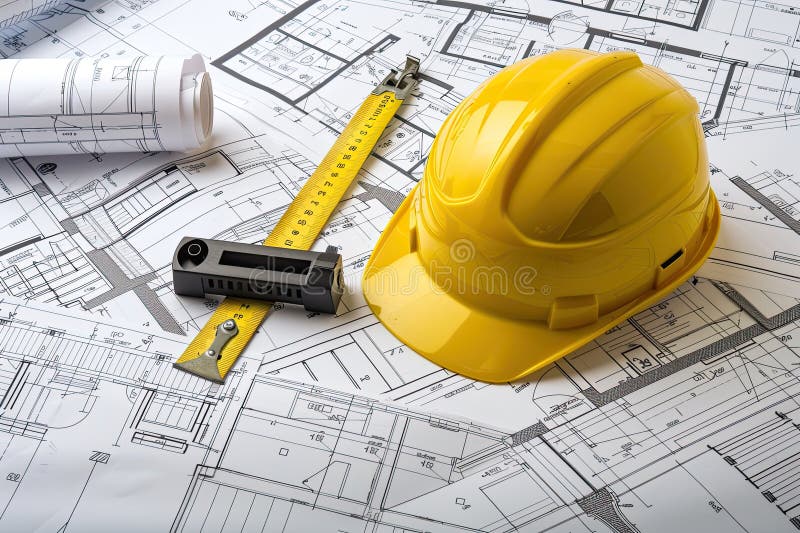 Construction Tools on Site Hard Hat, Tape Measure, Pliers, Blueprints ...