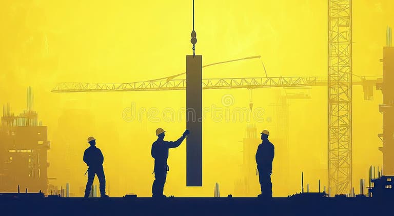 A Construction Site with Three Men Working on a Building Stock ...