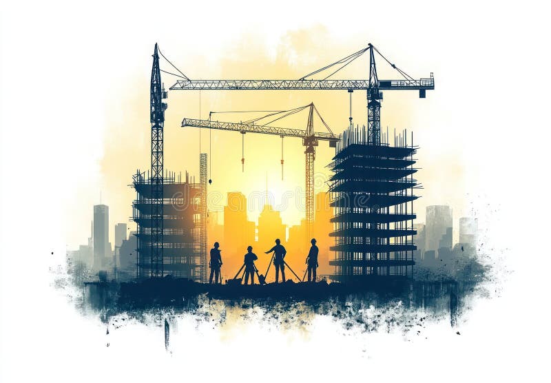 A Construction Site with Three Men Working on a Building Stock ...