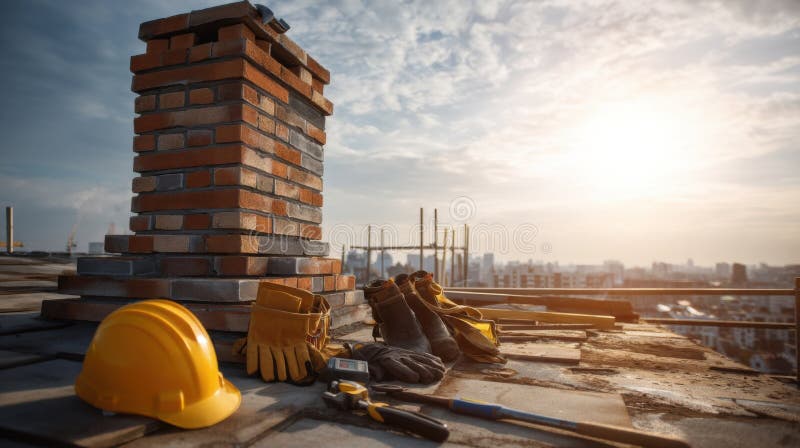 Construction Site with Tools and Brick Chimney at Sunset in an Urban ...