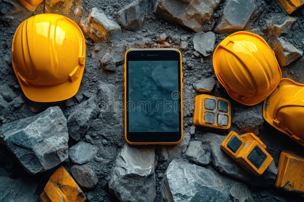 Construction Site Tools and Mobile Device Surrounded by Rocks and Hard Hats during Daylight ...