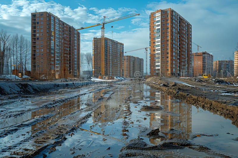 Construction Site Tower Crane in Action Building Multi Storey ...