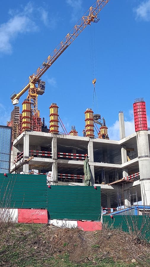 Construction Site with Tower Crane and Concrete Building Stock Image ...