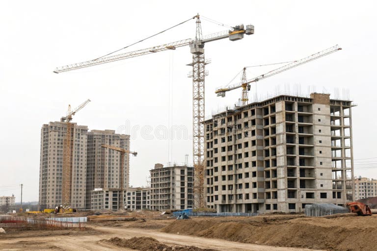 Construction Site with Tower Cranes and Multi-storey Buildings Stock ...
