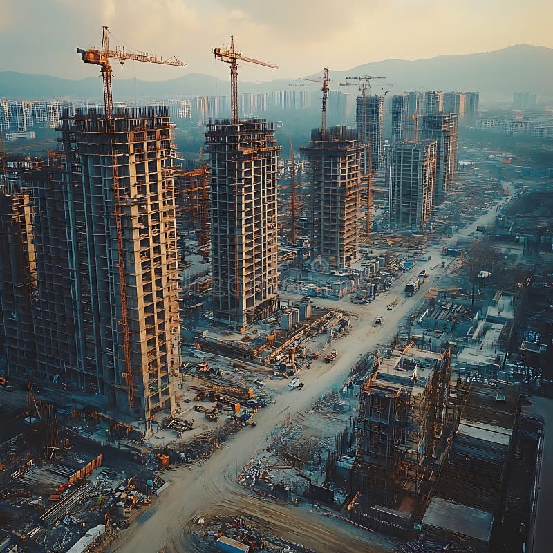 Construction Site with Tower Cranes and Rising Buildings in Progress ...