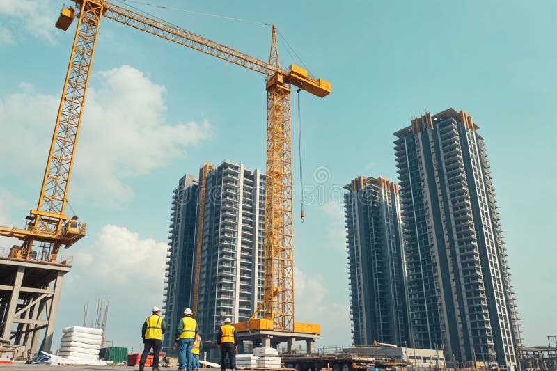 Construction Site Tower Cranes, Skyscrapers, Workers and Building ...