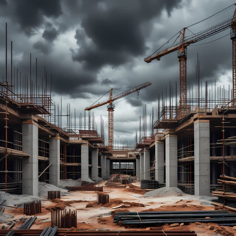 Construction Site with Towering Cranes and Concrete Structures Under ...