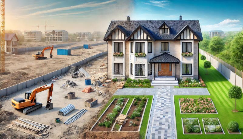 Construction Site Transforming into Beautiful Suburban House with ...