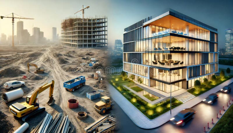 Construction Site Transforming into a Modern Office Building, before ...