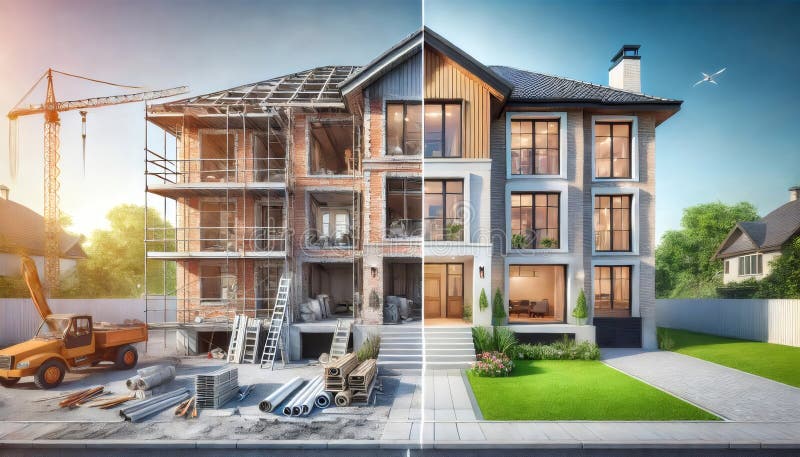 Construction Site Transforming into Modern Residential Building, before ...