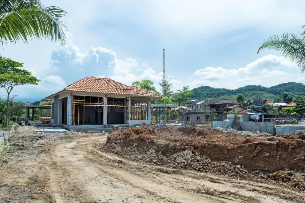 Construction Site in Tropical Area, Building Project with House Under ...