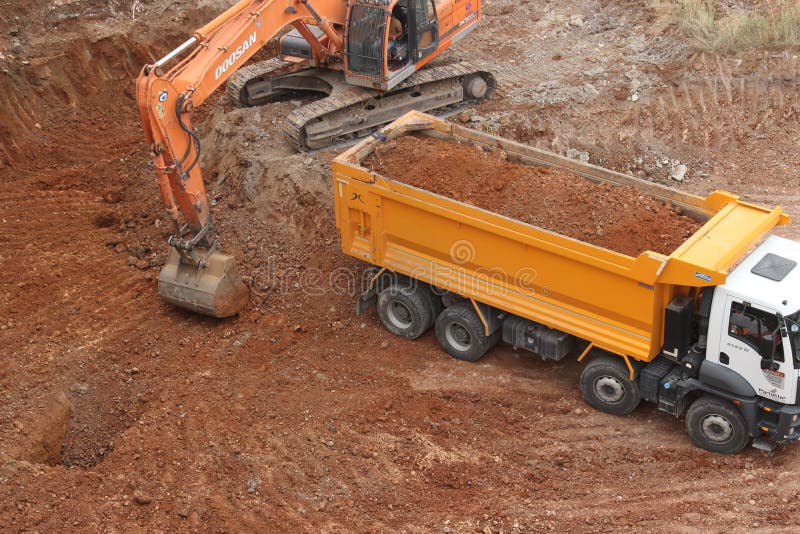 Construction Site Trucks Working Editorial Photography - Image of ...