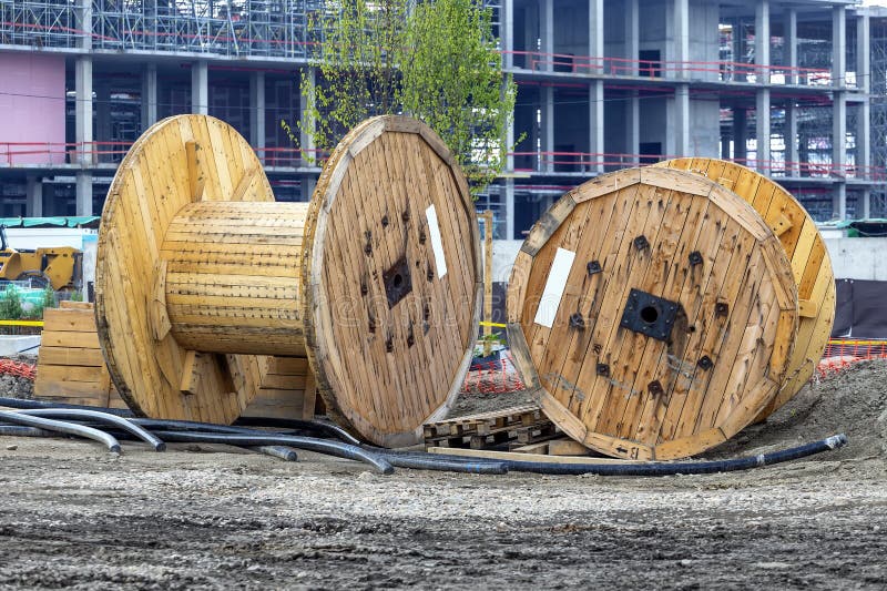 Construction Site with Two Big Empty Cable Drum Stock Image - Image of ...
