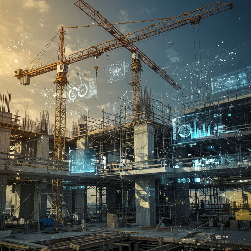 Construction Site with Two Tall Tower Cranes and Steel Framework in ...