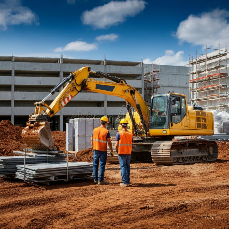 Construction Site with Two Workers in Orange Safety Vests and Yellow ...
