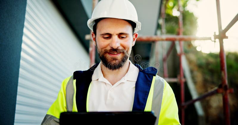 Construction Site, Typing and Man with Tablet, Engineering and Project ...