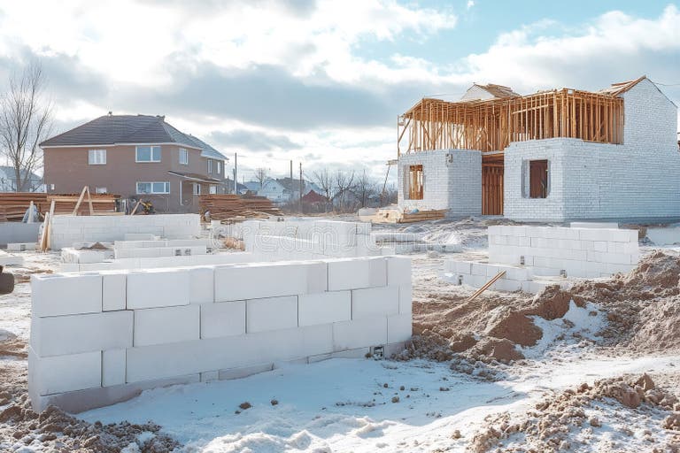 Construction Site with Unfinished Building and Aerated Concrete Blocks in Winter Stock ...