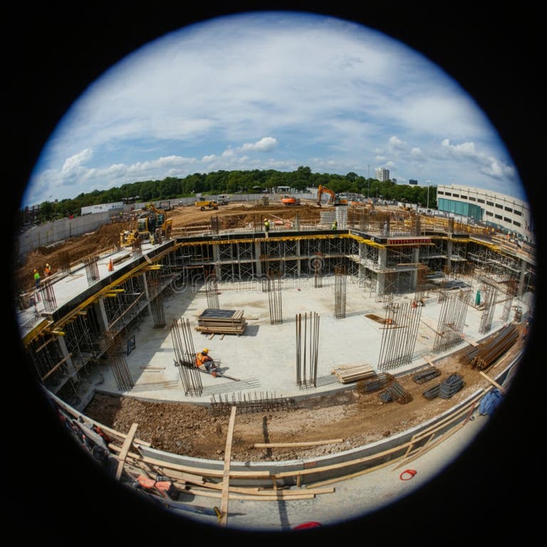 Construction Site Viewed through a Fish-eye Lens, Featuring Extensive ...