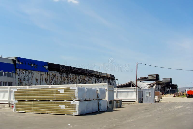 Construction Site after Warehouse Fire, Burnt Structures. Storage ...