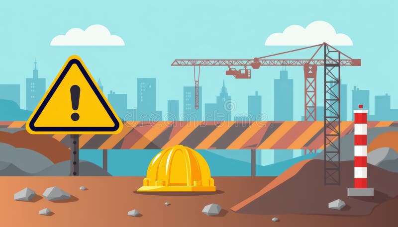 Construction Site Warning Banner with Yellow Caution Sign, Helmet, and ...