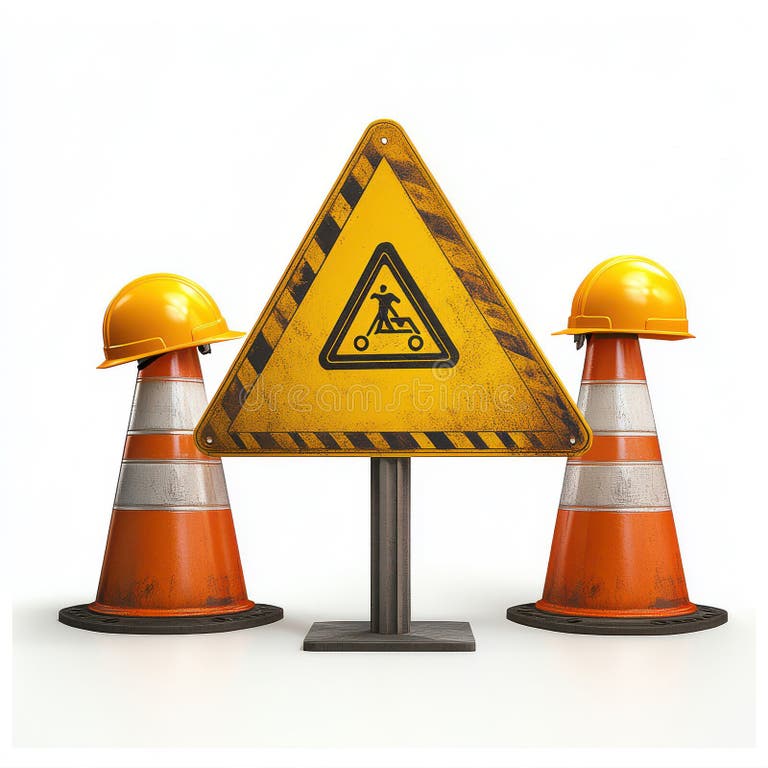 Construction Site Warning Sign with Hard Hats and Cones Stock ...