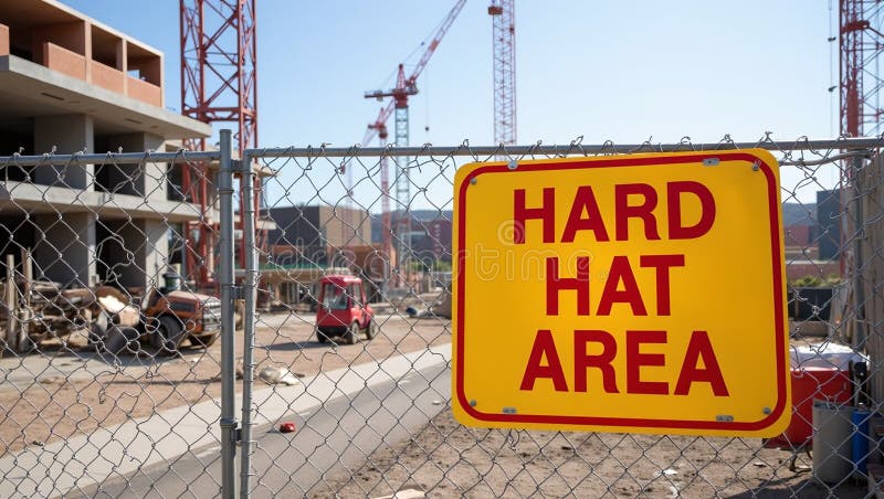 Construction Site Warning Sign on Metal Fence with Cranes and ...