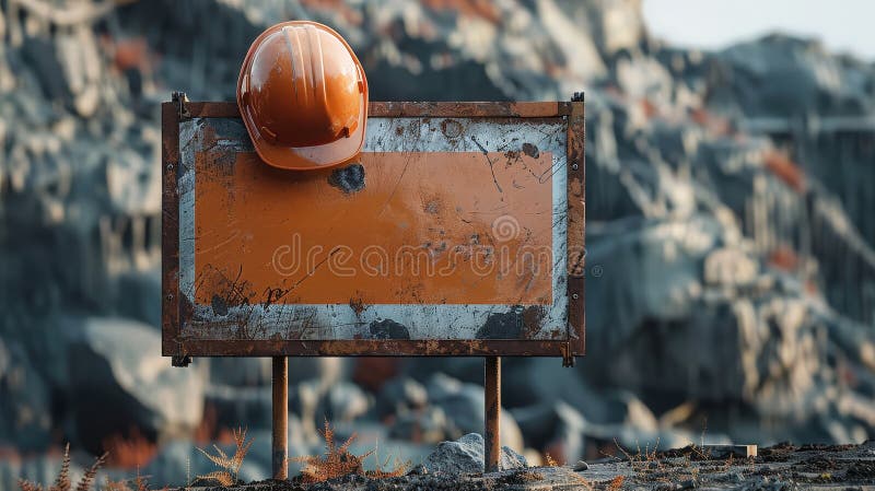 Blank Construction Site Warning Sign with Hard Hat in an Urban ...