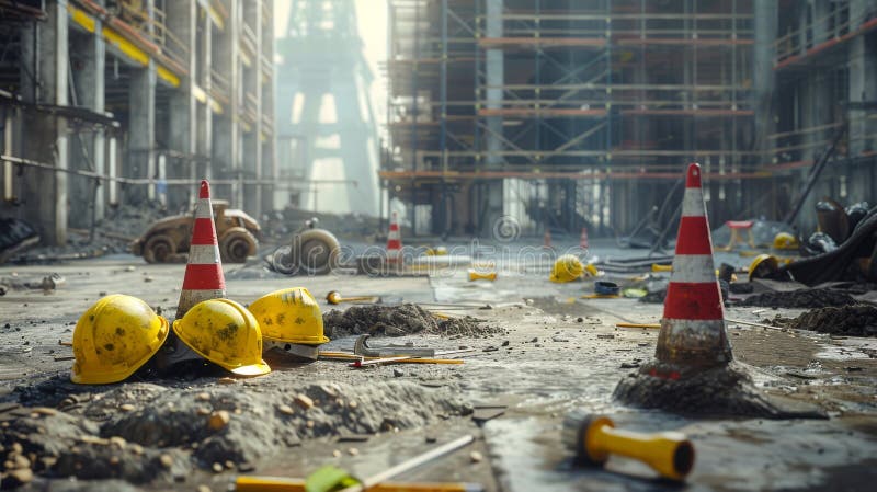 A Construction Site with Warning Signs, Safety Cones, and Abandoned ...