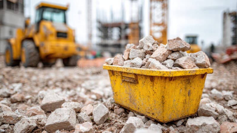 Construction Site with a Wheel Loader and Debris in a Yellow Container ...