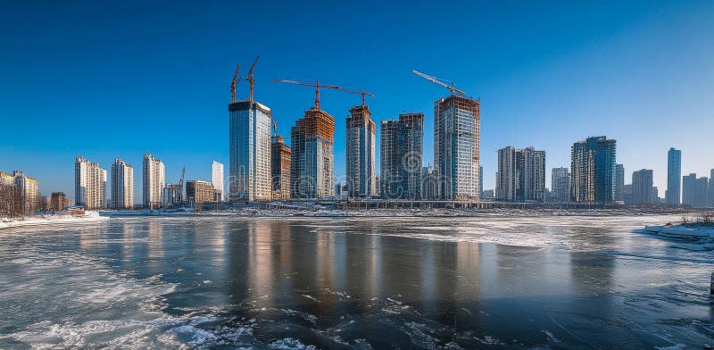 A Construction Site in Winter Featuring Several High-rises in Progress ...