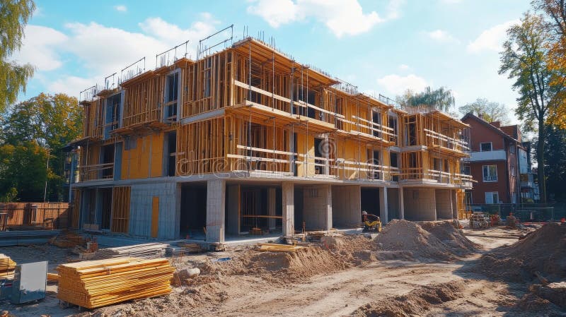 Construction Site with Workers Building New Wooden Residential Building ...