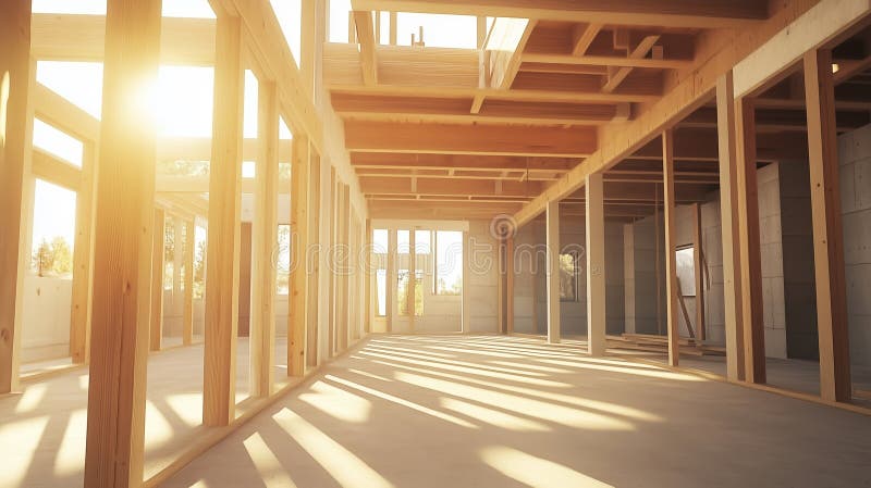 Construction Site with Wooden Framing and Sunlight Streaming through ...