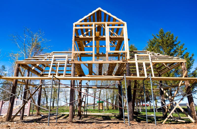 Construction Site of a Wooden House Stock Image - Image of clear ...