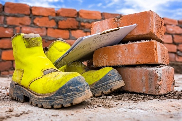 Construction Site Work Boots Next To Bricks and Plans. Stock ...
