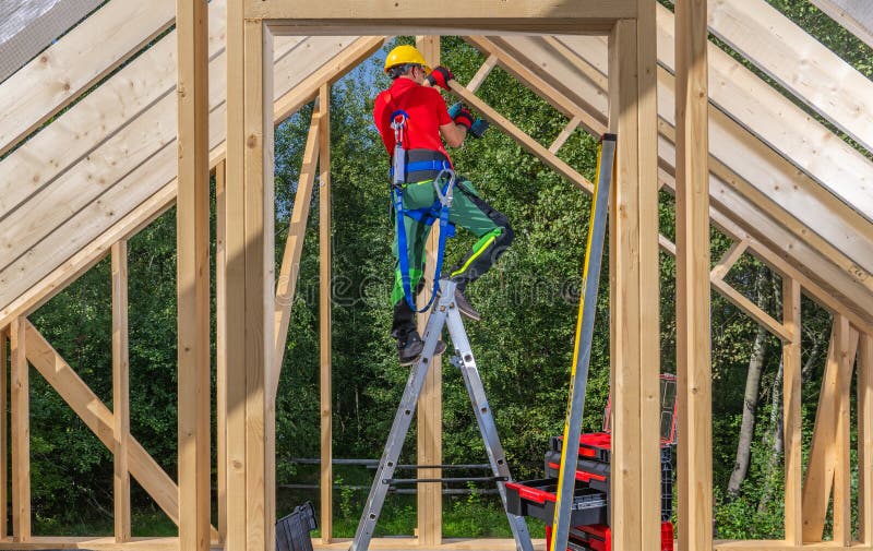 Construction Site Worker Building Wooden House Frame Stock Image ...