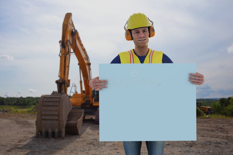 Construction Site Worker Holding White Board Showing Advertisement ...