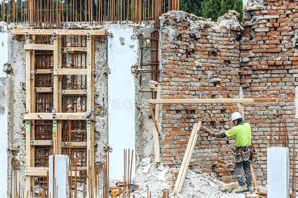 Construction Site Worker Inspecting Brickwork Renovation Project ...