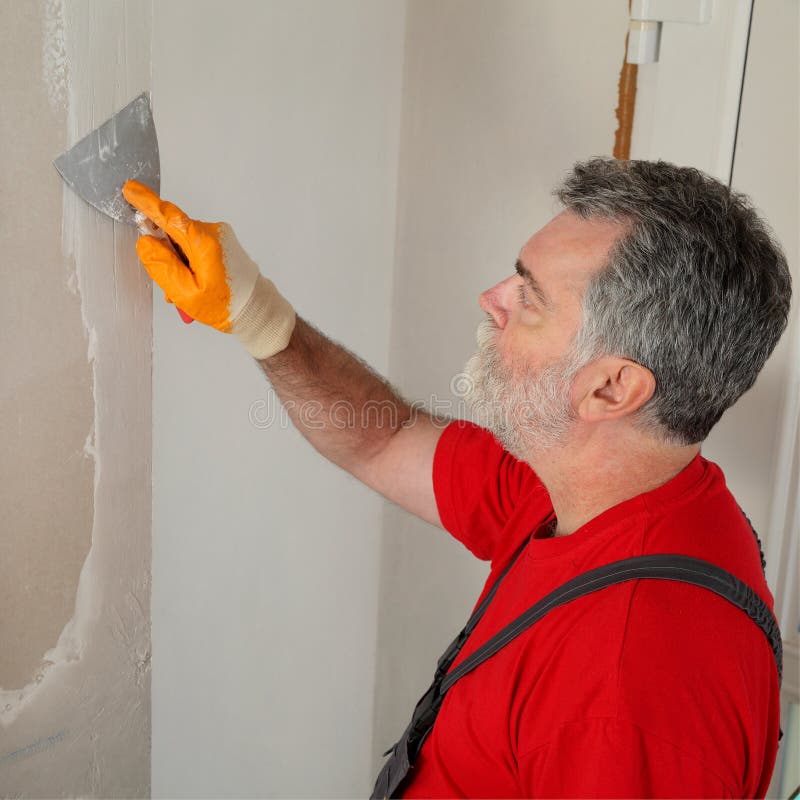 Construction Site, Worker Installing Gypsum Board Stock Image - Image ...