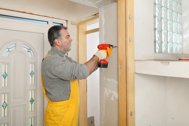Construction Site, Worker Installing Gypsum Board Stock Image - Image ...