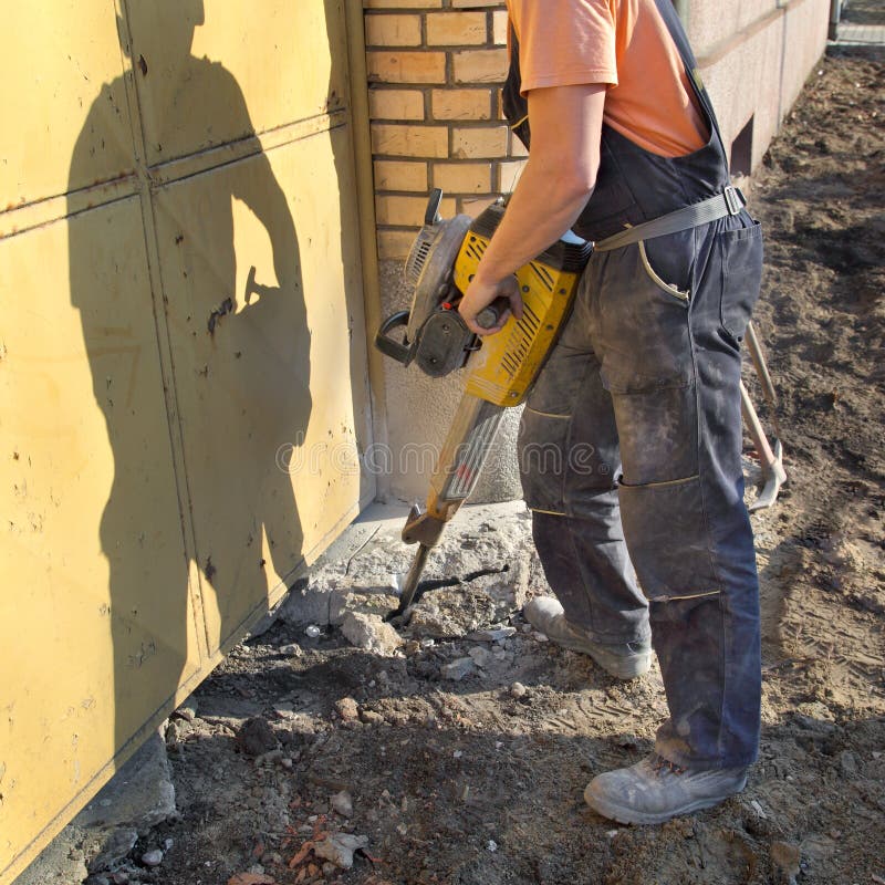 Construction Site, Worker and Jackhammer Tool Stock Photo - Image of ...