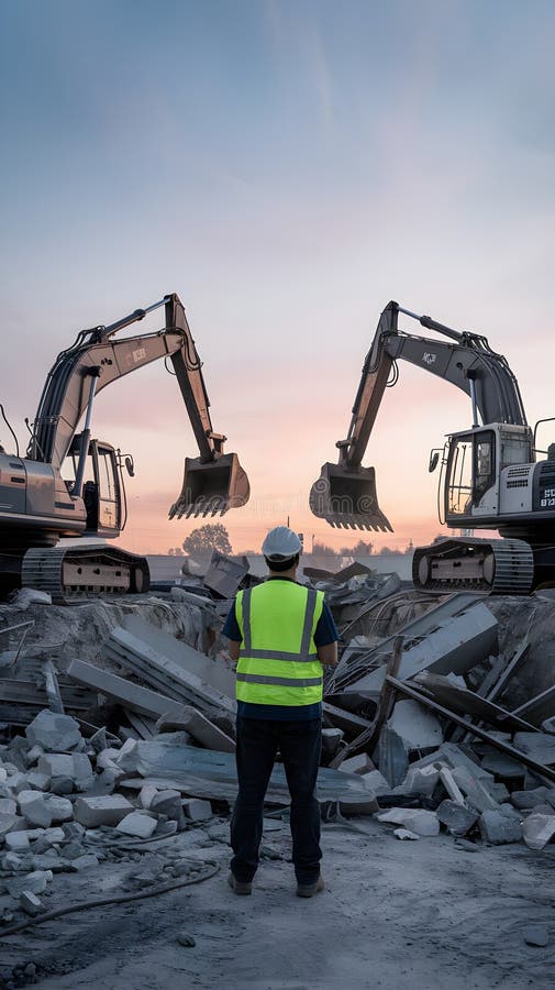 Construction Site with Worker Observing Excavators Moving Debris at ...