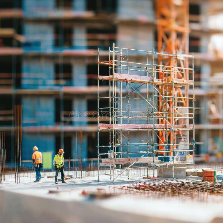 Construction Site with a Worker Standing on a Scaffold Overlooking ...