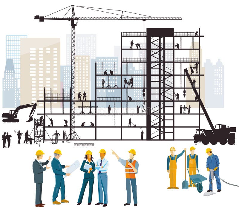 Construction Site with Construction Workers and Architects Illustration Stock Vector ...