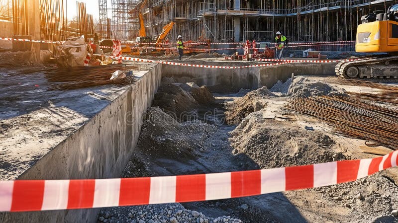 Construction Site with Workers Building Foundation of Modern Building ...