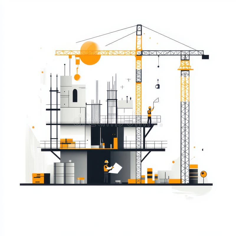 Construction Site Workers Building a Modern Structure with Cranes and ...