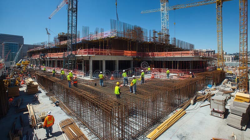 Construction Site with Workers and Cranes, Focusing on Building ...