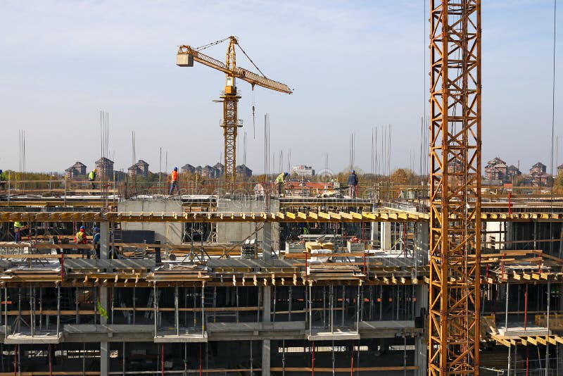 Construction Site with Workers and Cranes Industry Stock Image - Image ...