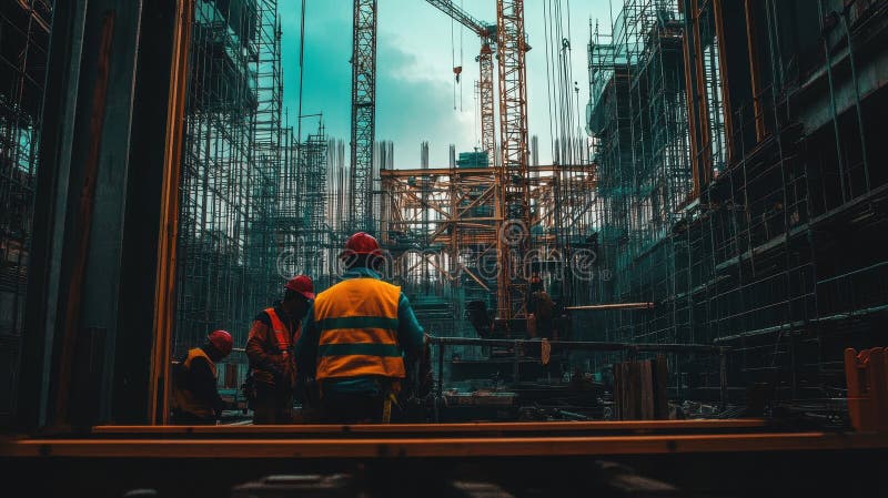 Construction Site with Workers and Cranes Under a Dramatic Sky Stock ...